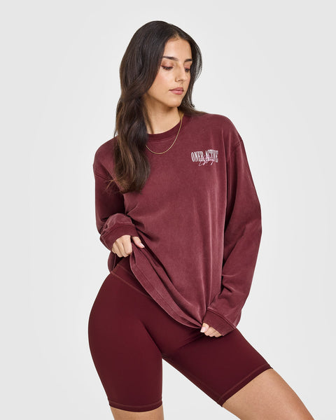 Oner Graphic Washed Long Sleeve Top - Rosewood | Oner Active UK